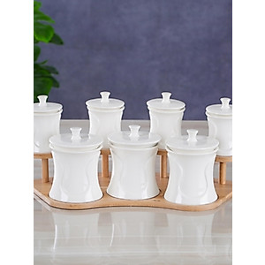 Acar 7 Pcs Spice Bowls Porcelain Condiment Pots, Porcelain Spice Jar, Porcelain Seasoning Jar with Porcelain Lid and BambooTray