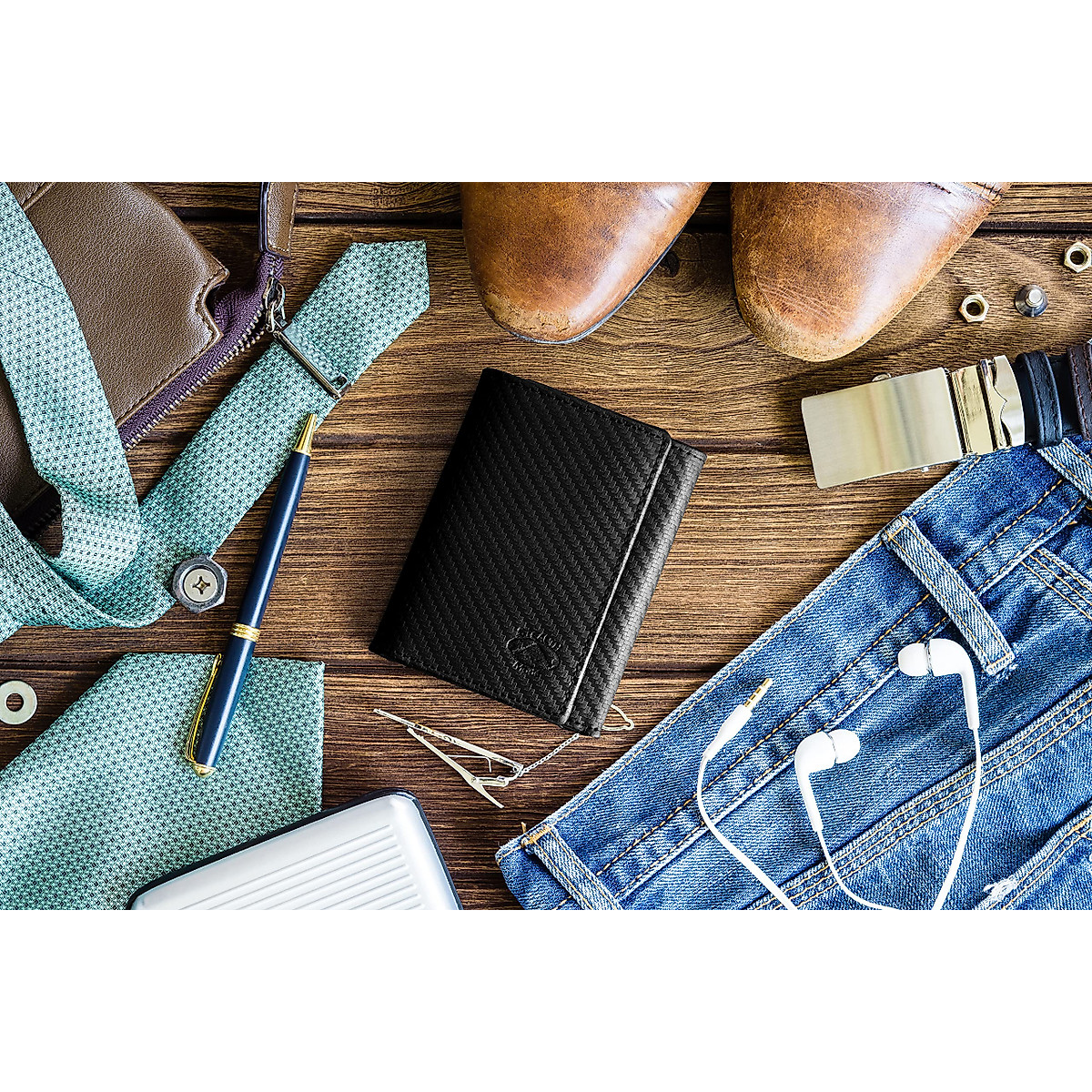 Stealth Mode Trifold Wallet - RFID Blocking Wallet with Flip ID Holder - Leather Case for Money, Credit Cards - Mens Organizer, Divided Billfold, Identity Protection - Men's Gifts (Carbon Fiber)