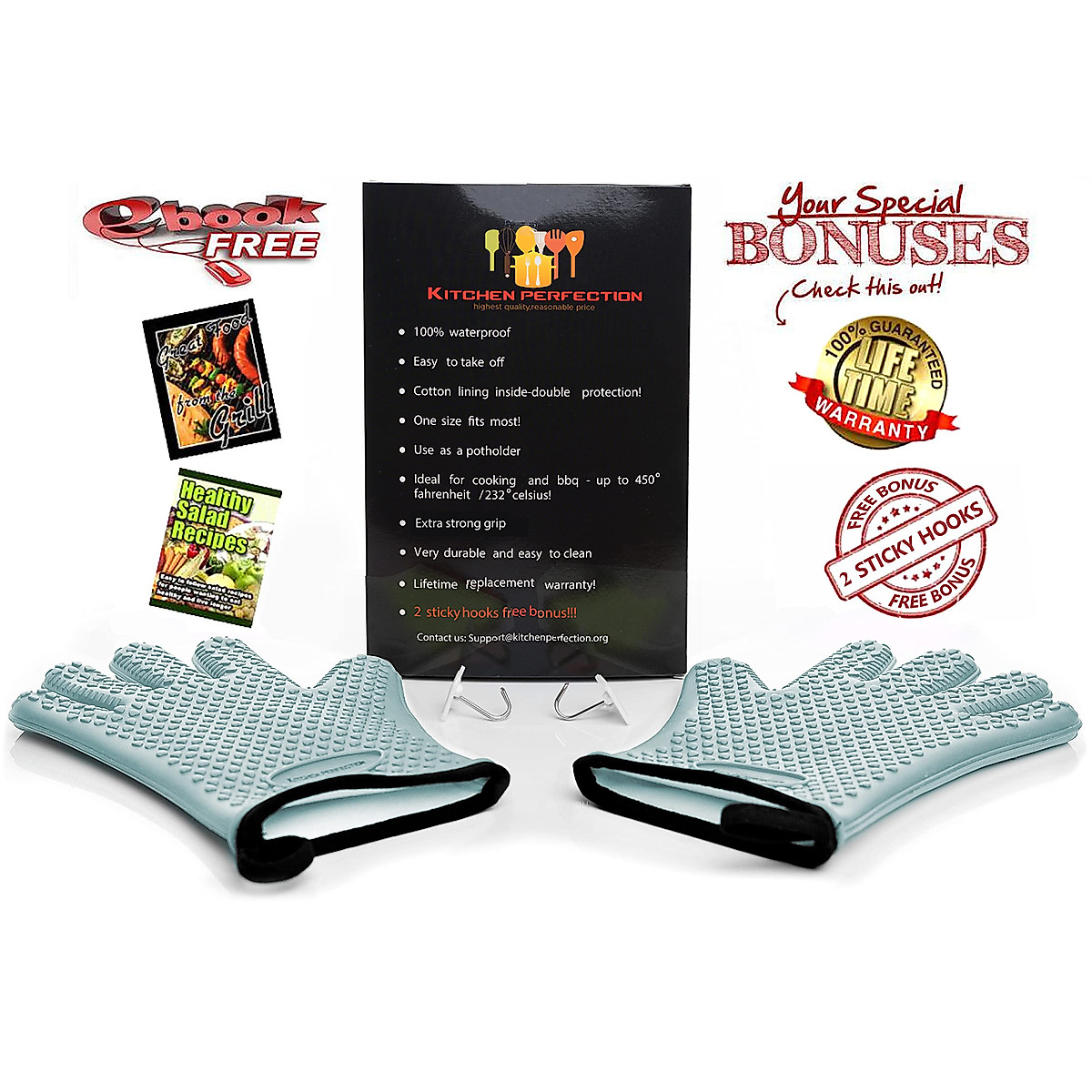 XL Aqua Silicone Smoker Oven Gloves + Meat Cleaver Kitchen Knife -Professional 7" Serbian Chef Knife