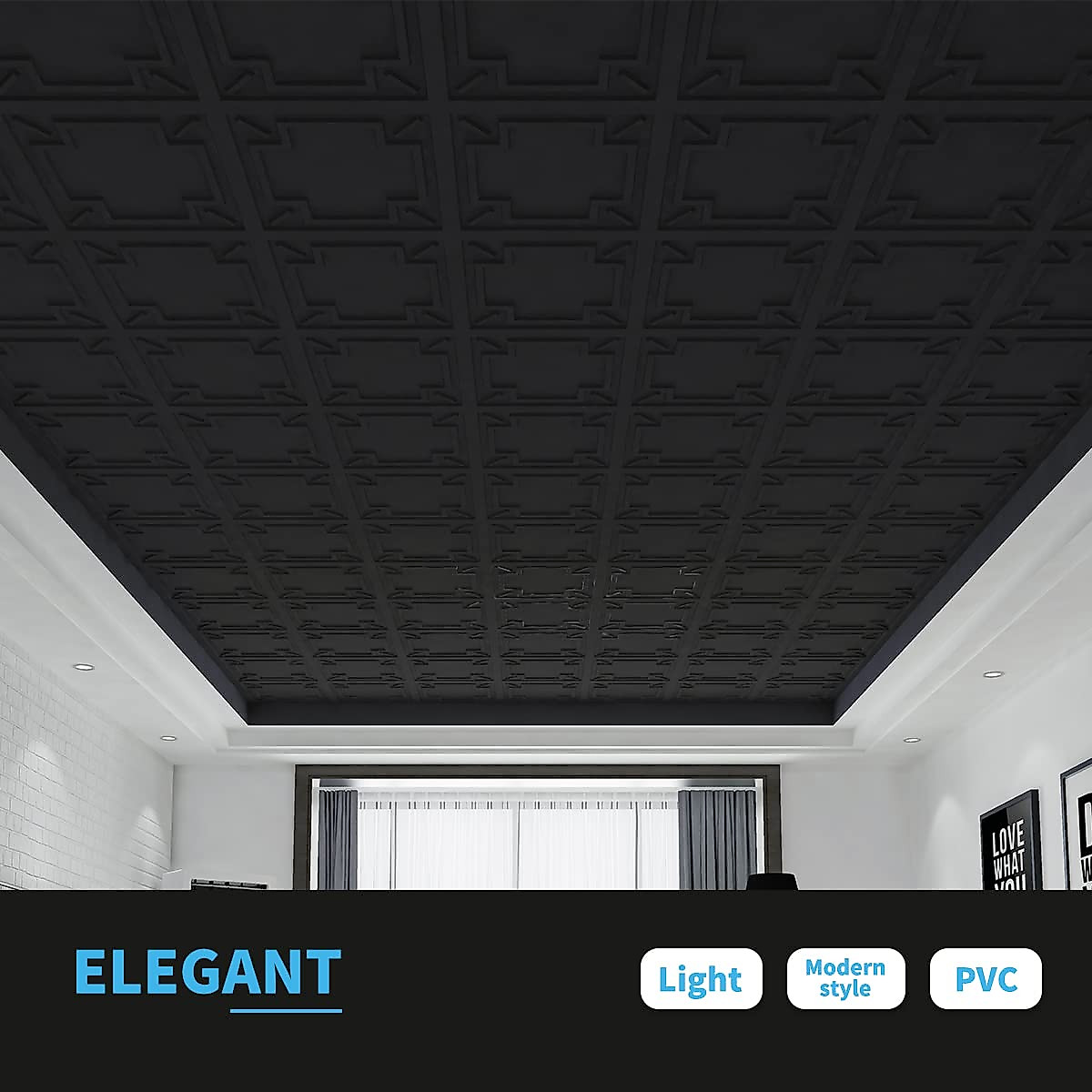 Art3d Decorative Drop Ceiling Tile 2‘x2‘, Glue-up 3D Textured Ceiling Panel, Plastic Sheet in Black(12 Pack)