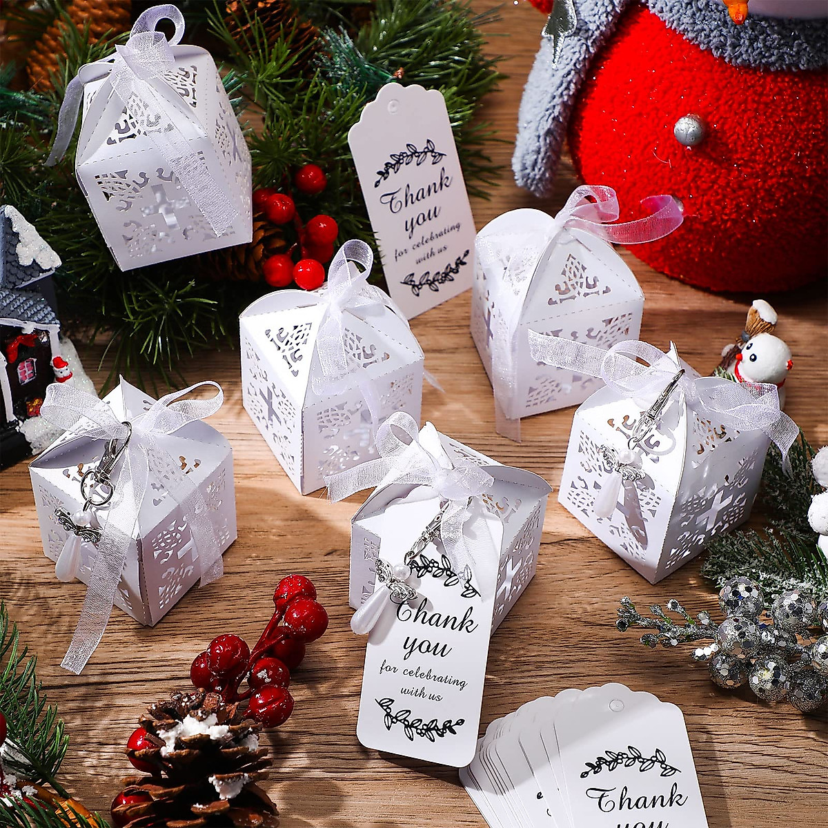 Outus 60 Pcs Baptism Party Favors for Guest Boy Girl Baby Shower Favors Bulk 20 Angel Pendant Keychains Decoration 20 Thank You Tags 20 Cross Shape Boxes for First Communion Holy Return Gifts(White)