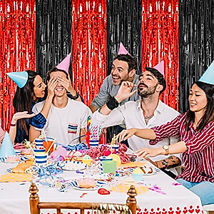 PIGETALE, 2 Pack 3.2x8.2 Feet Black and Red Foil Fringe Curtains Party Decorations, Tinsel Curtain Backdrop Streamers for Birthday Graduation Fiesta Stranger Theme Halloween Christmas Party Supplies
