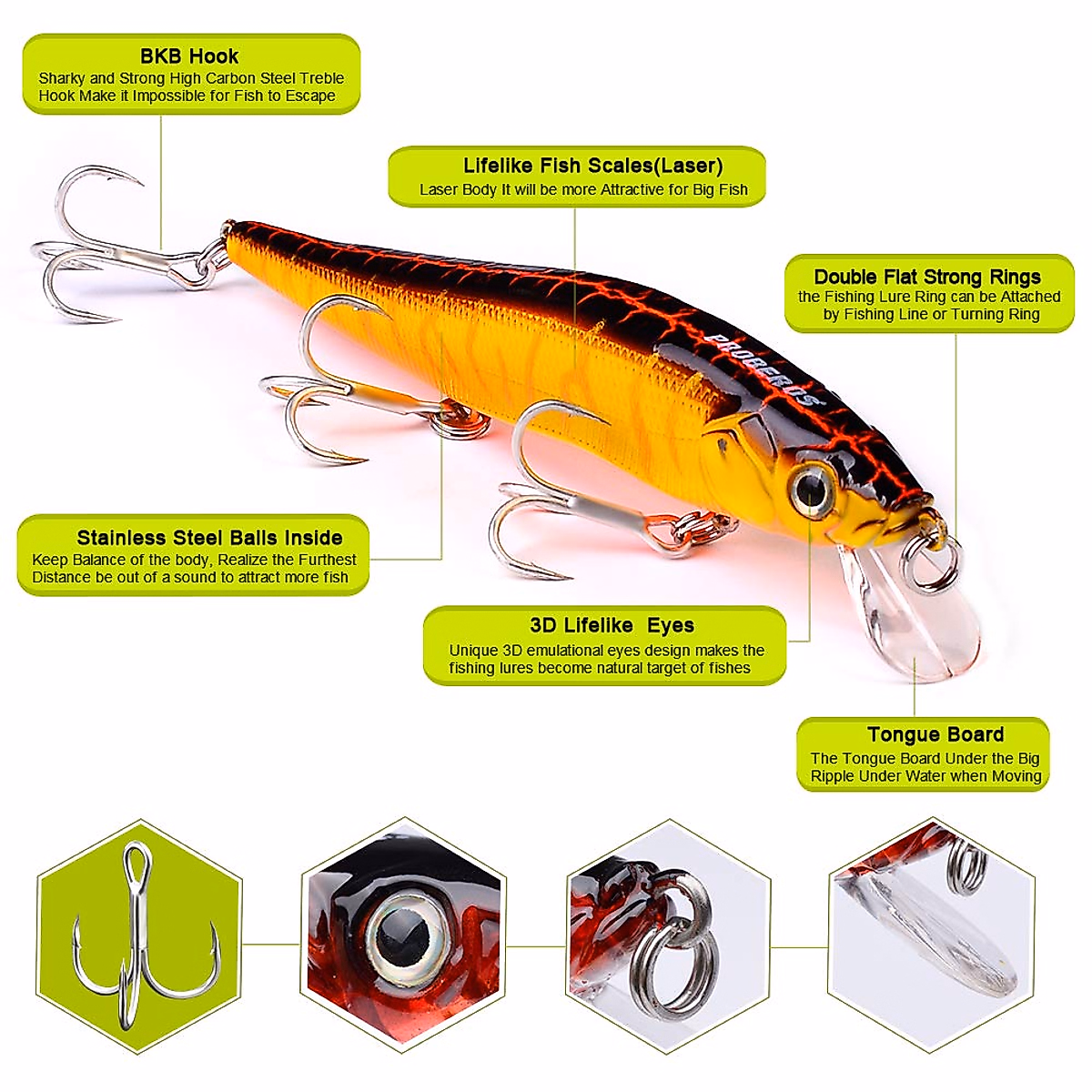 PROBEROS Minnow Bass Fishing Lures - Jerkbait Sinking Lure Set Hard Baits Crankbait for Trout Catfish Musky Bluegill Fishing Plug 6Pcs/kit