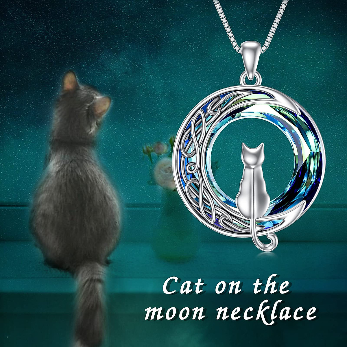 TOUPOP Cat Gifts for Cat Lovers Sterling Silver Celtic Cat on the Moon Pendant Necklace with Blue Circle Crystal Birthday Christmas Jewelry Gifts for Women Teen Girls