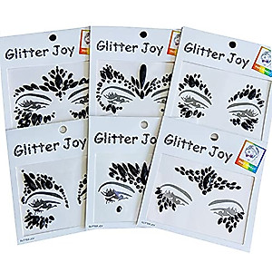 Black Festival Face Jewels, Rhinestone Face Gems Sticker, Rave Crystals Face Gems Stickers, Eyes Body Gem Sticker Stones Bindi Temporary Face Tattoos for Festival Rave, 6-Pack, Black