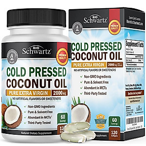 Coconut Oil Capsules 2000mg - Organic Pure Extra Virgin Unrefined Cold Pressed MCT Rich & Non-GMO for Healthy Skin Nails Hair Growth Support Bloating Anti Aging Digestion - 120ct (2 Month Supply)