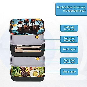 Cartoon Pirate Ship Adult Lunch Box, Bento Box, With Cutlery Set Of 3, 2 Compartments, Rectangular, Lunch Box For Adults