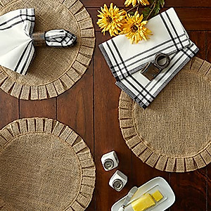DII Jute Burlap Collection Kitchen Tabletop, Placemat Set, 15" Round, Ruffle Trim Natural, 6 Count