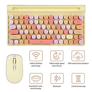 Apuode Wireless Keyboard and Mouse Combo, Bluetooth 5.0/3.0/2.4GHz, with Tablet Holder, Quiet Mute Button, Cute Retro Round Keycaps, Replaceable Battery, for PC, Mac, Laptop, Tablet