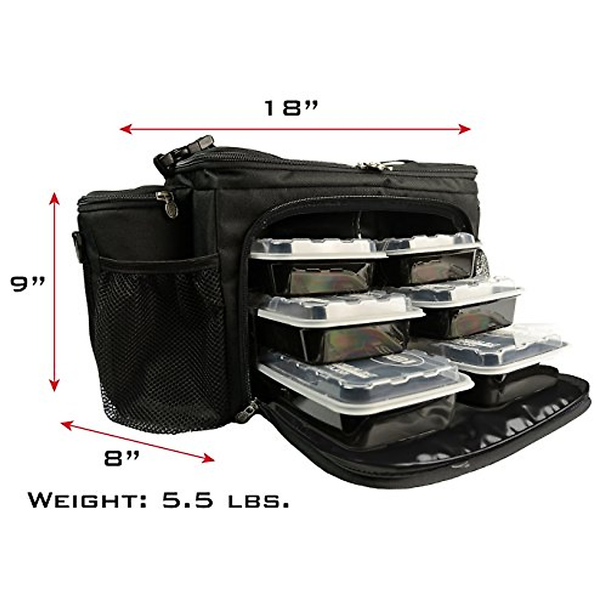 Meal Prep Lunch Box ISOBAG - Large Insulated 6 Meal Prep Bag/Cooler with 12 Containers, 3 Ice Packs & Shoulder Strap (Blackout) - Made in USA