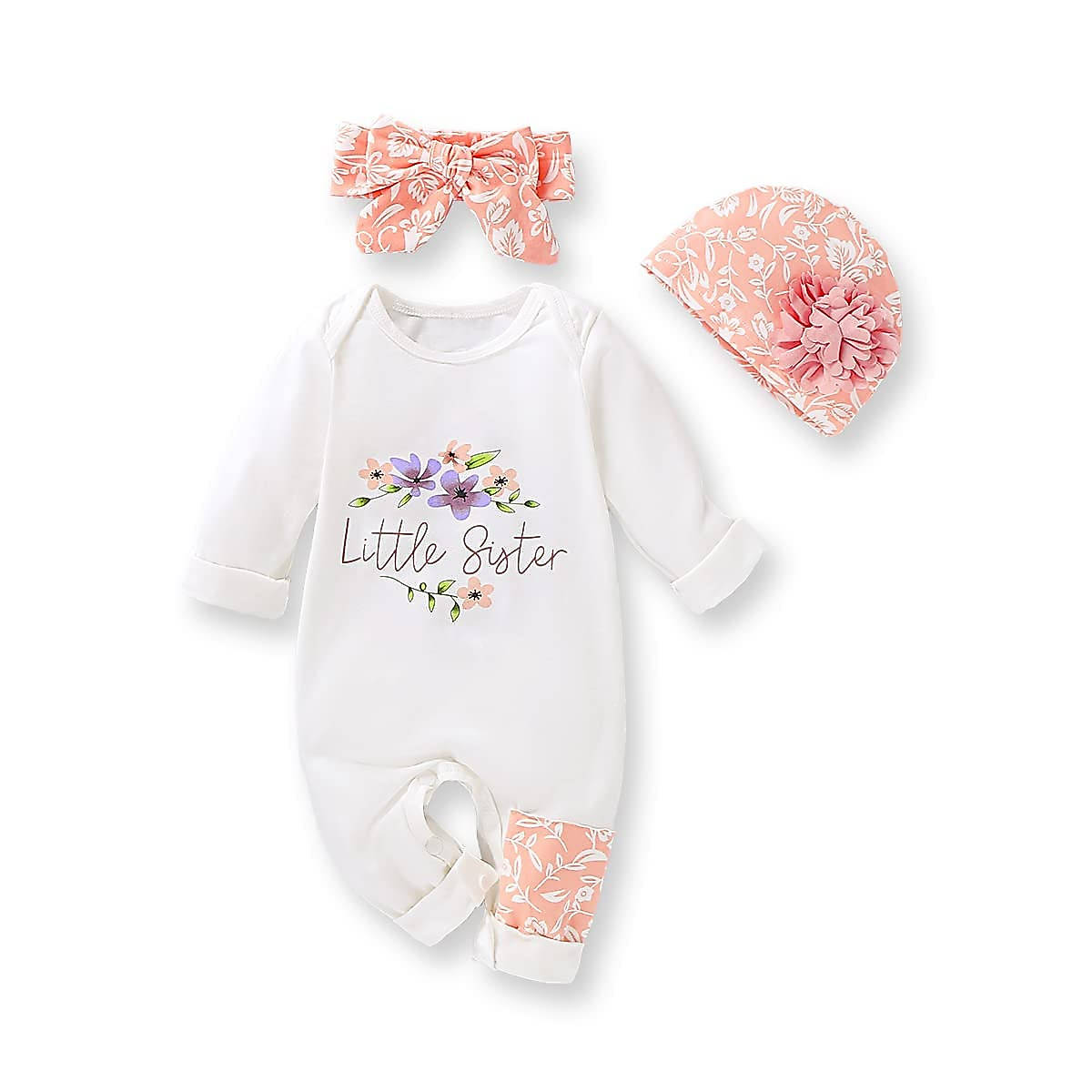 ChicRosa Baby Girl Clothes Little Baby Sister Newborn Outfit Long Sleeve Romper + Hat + Headband 3Pc Infant Clothing Set 0-3 Months