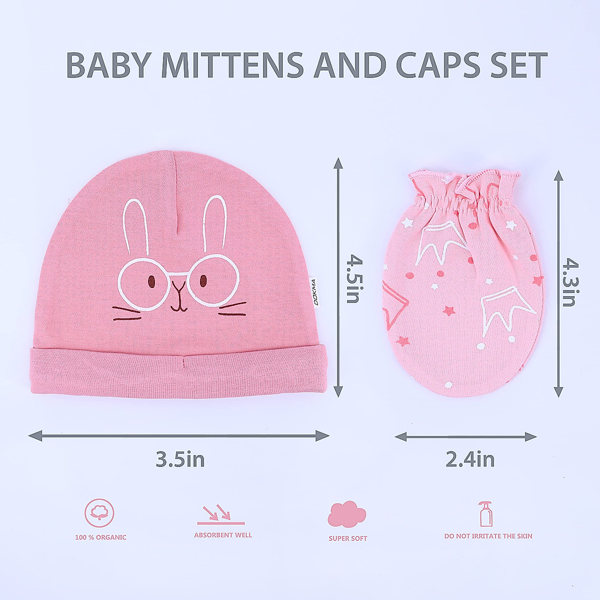 DOKMA Organic Cotton Baby Mittens and Caps Set - Mittens for Newborn 0-6 Months - Ultra Soft, No Scratch - 5 Caps x 3 Mittens
