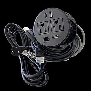 Round Desktop Conference Room Power Grommet Outlet, FITS 3 1/8" - 3 1/4" 2 (TR) AC Outlets, 2 USB Charging Ports, 1 CAT 6, 1 HDMI, ETL Listed (DC-8689-Black)
