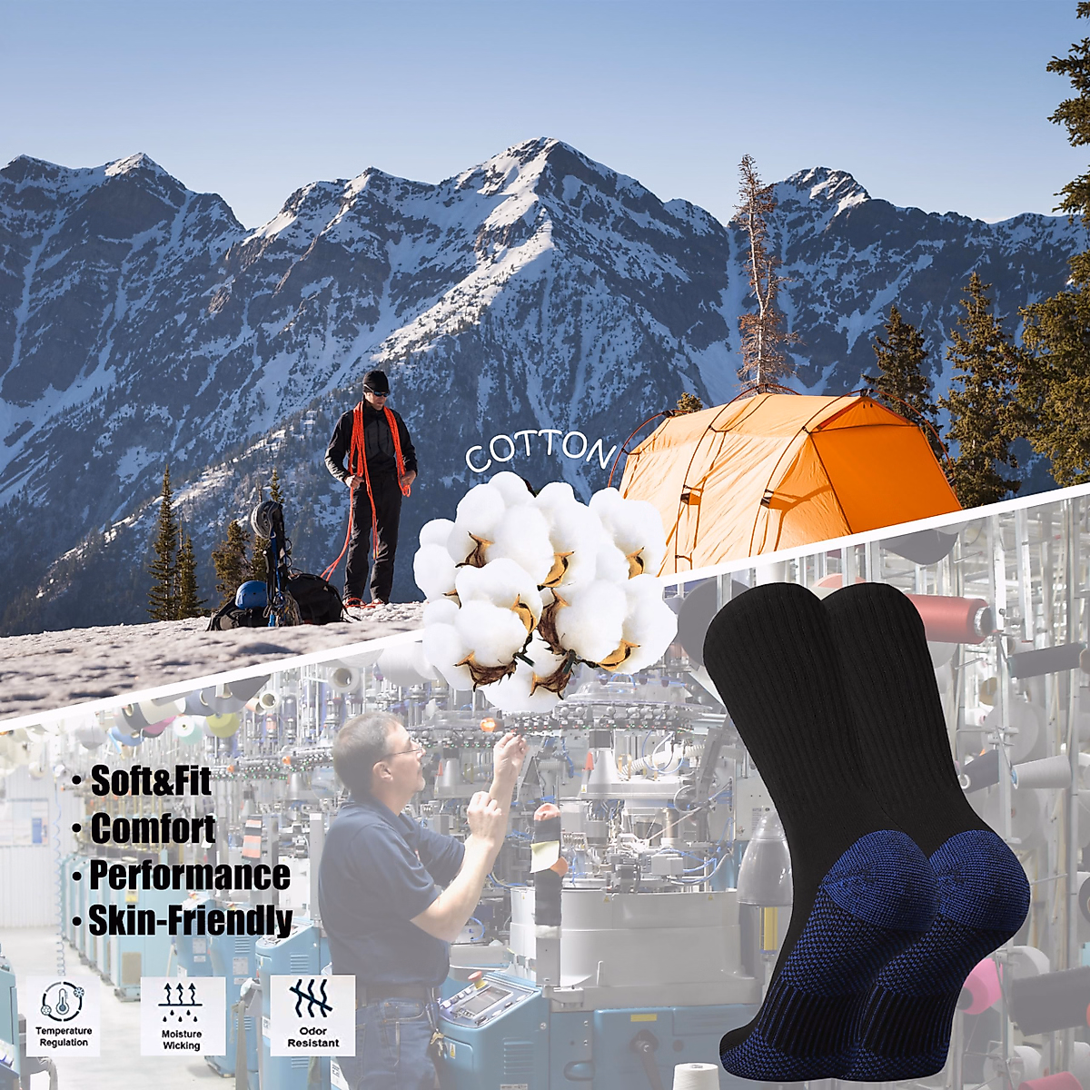 Ortis Men's Cotton Cushion Crew Socks Moisture Wicking Breathable Thick Warm Thermal for Athletic Heavy Duty Work Boot(BlackBlue L)