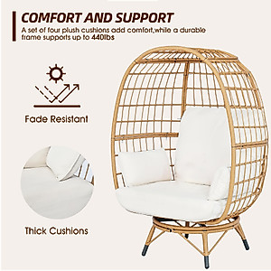Temminkki Oversized Wicker Egg Chair Outdoor Indoor All-Weather Basket Lounger Chair with Beige Cushion 440lb Capacity