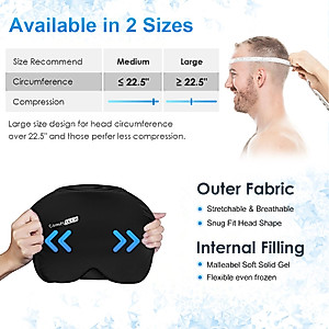 ComfiTECH Large Head Ice Pack Wrap Cold Cap Cooling Gel Hat Cold Compress for Head, Large, Black, 2 Packs
