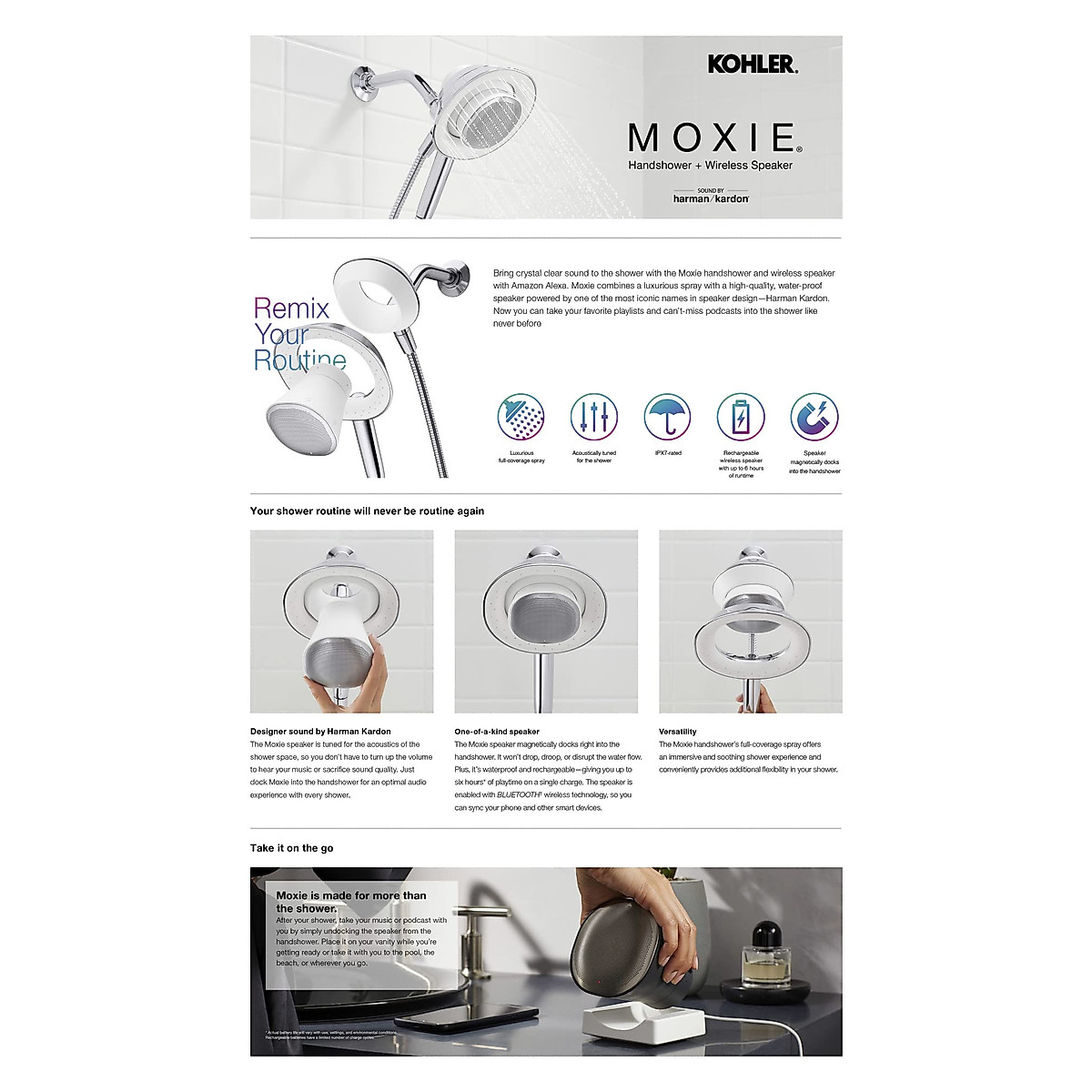 KOHLER 28241-GKE-CP Moxie 1.75 Gpm Handshower and Wireless Speaker, Polished Chrome