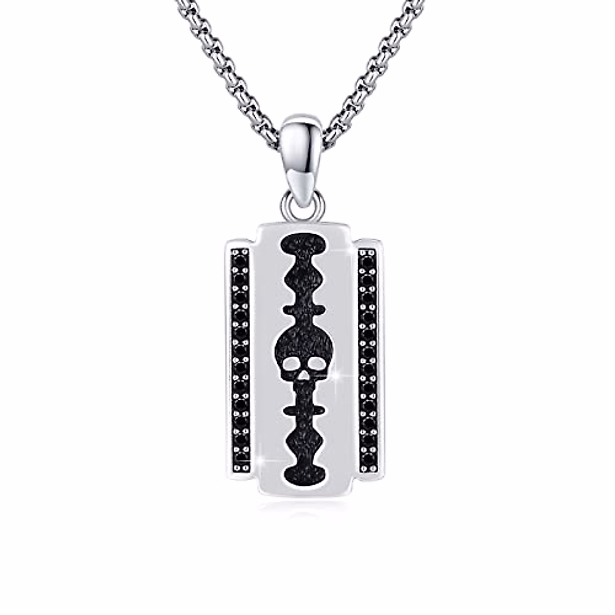 Razor Blade Necklace for Men Women 925 Sterling Silver Skull Punk Black Razor Blade Necklace Dimebag Darrell Gothic Necklace Jewelry Gifts for Father's Day