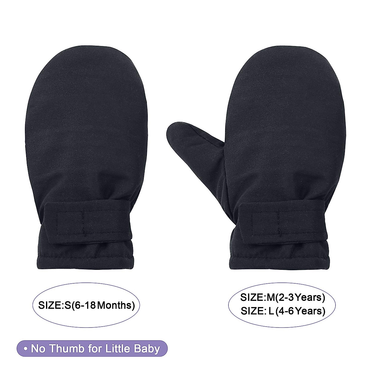 Lined Fleece Toddler Mittens Kids Winter Warm Gloves Child Ski Gloves Waterproof Snow Baby Mitten for Boys Girls Black M