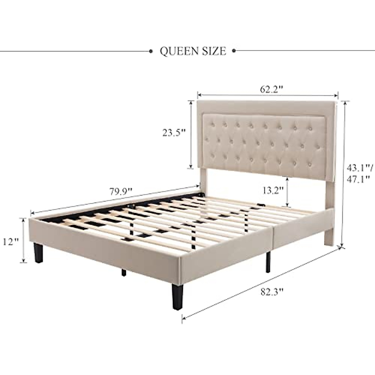 Benevika Queen Size Upholstered Platform Bed Frame with Linen Fabric Button Tufted Headboard, Wood Slat Support, Upholstered Mattress Foundation, No Box Spring Needed, Easy Assembly, Beige