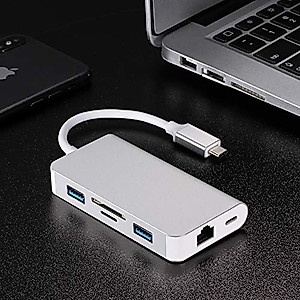 PANUSBGHUB 6 in 1 Type C USB 3.0 Hubs Type-C to 2xUSB3.0 RJ45 SD TF Card PD Charging Port Adapter Cable Converter for Laptop MacBook(Silver) (Color : Gray)