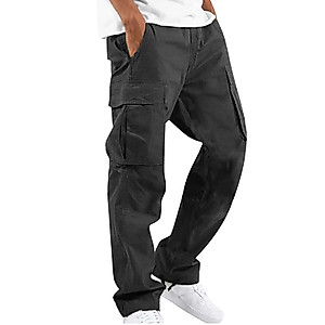 Pull On Pants for Men, Jogger Sweatpants Men Mens Sweatpants Joggers Lined Pants Winter Men's Overalls Drawstring Multi Pocket Casual Pants Hiking Cotton Twill Combat Pants (XL, Black)