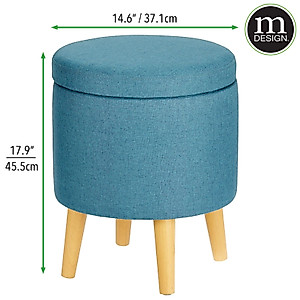 mDesign Round Storage Ottoman Foot Rest Chair - Small Stool Furniture Organizer and Seat with Wood Legs for Dorm, Living Room, Office, Closet, Vanity, Bedroom, or Desk - Teal Blue