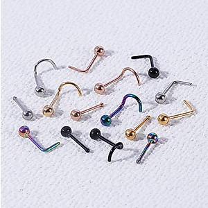 6ixGosh 6pcs 20g Nose Studs 3mm Ball Flat Surgical Steel Nose Ring for Women Men Black Rose Gold Nose Stud L Shaped Corkscrew Nose Ring Studs Cute Nostril Nose Piercing Jewelry