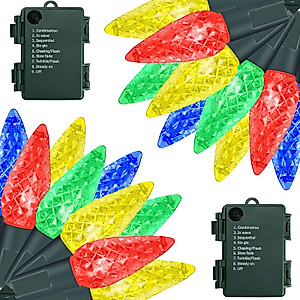 Battery Operated String Lights, 2 Pack C3 50 LED Christmas Lights Multicolored Indoor Outdoor Waterproof Strawberry Bulbs Cone-Shaped Mini Light Set for Thanksgiving Holidays Home Decoration