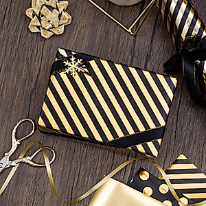 Retrify Wrapping Paper Roll - 3 Mini Rolls Black Gold Foil Polka Dots Stripes Gift Wrap Paper for Birthday, Christmas, Father's Day, All Occasions - 17 Inch x 120 Inch Per Roll