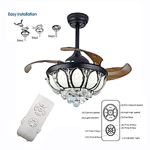 DYRABREST Invisible Ceiling Fan with Retractable Blades and Remote Control 36inch Ceiling Fan Light Covers Crystal Chandelier Fan Light Bladeless Ceiling Fan for Livingroom Bedroom Home (36 inch)