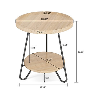 Tribesigns Round Side Table, 2-Tier End Table with Metal Legs, Modern Industrial Beside Table, Small Accent Table Snack Table for Living Room, Bedroom, Small Space, Easy Assembly, Brown