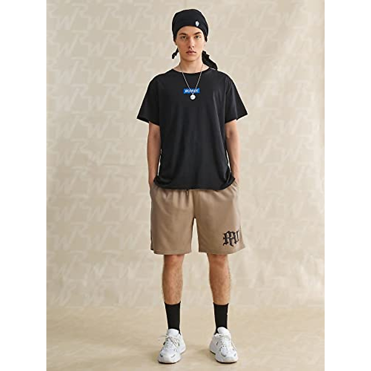 OYOANGLE Men's Letter Graphic Elastic Drawstring Waist Athletic Track Shorts with Pockets Khaki Graphic S