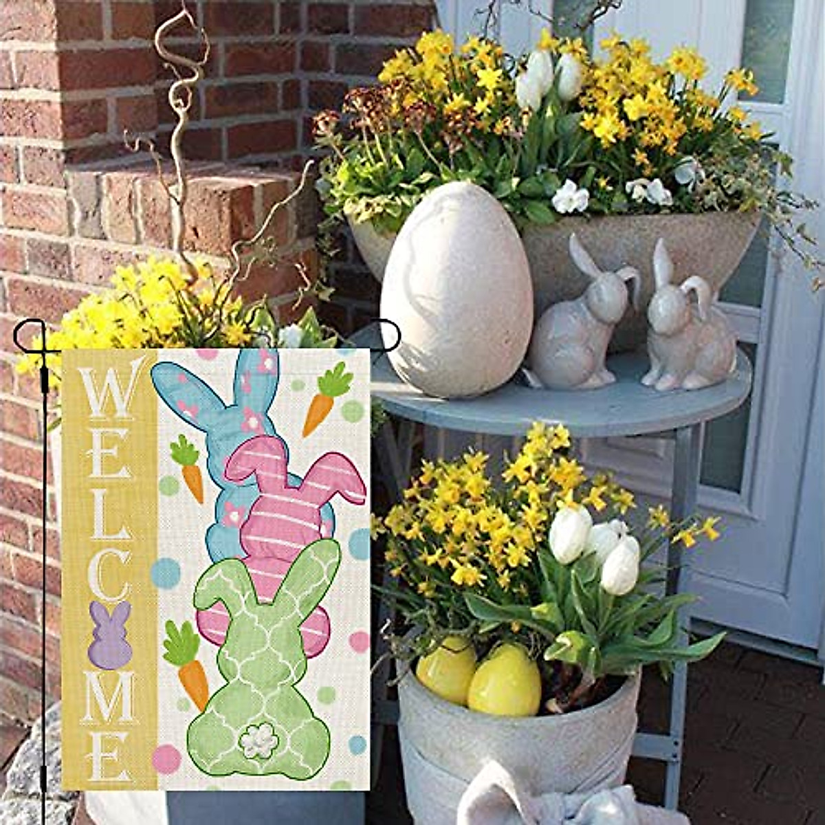 CROWNED BEAUTY Easter Bunnies Tail Garden Flag 12x18 Inch Double Sided for Outside Burlap Small Carrots Welcome Yard Holiday Decoration CF716-12