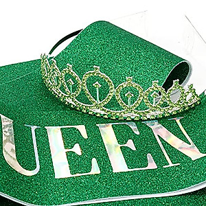Birthday Queen Sash & Crystal Crown Kit CIEHER Birthday Crown and Sash Birthday Crowns for Women Birthday Sash Women Girls Crown Birthday Tiara Birthday Decorations Rhinestones Headband Hair Accessories Glitter Sash for Party - Green
