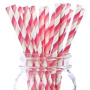 CleverDelights Pink Two Stripe Paper Straws - 100 Pack - Biodegradable Drinking Straws