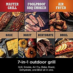 Ninja OG701 Woodfire Outdoor Grill & Smoker, 7-in-1 Master Grill, BBQ Smoker, Air Fryer plus Bake, Roast, Dehydrate, & Broil, uses Woodfire Pellets(1 Pack Included), Portable, Electric, Red (Renewed)