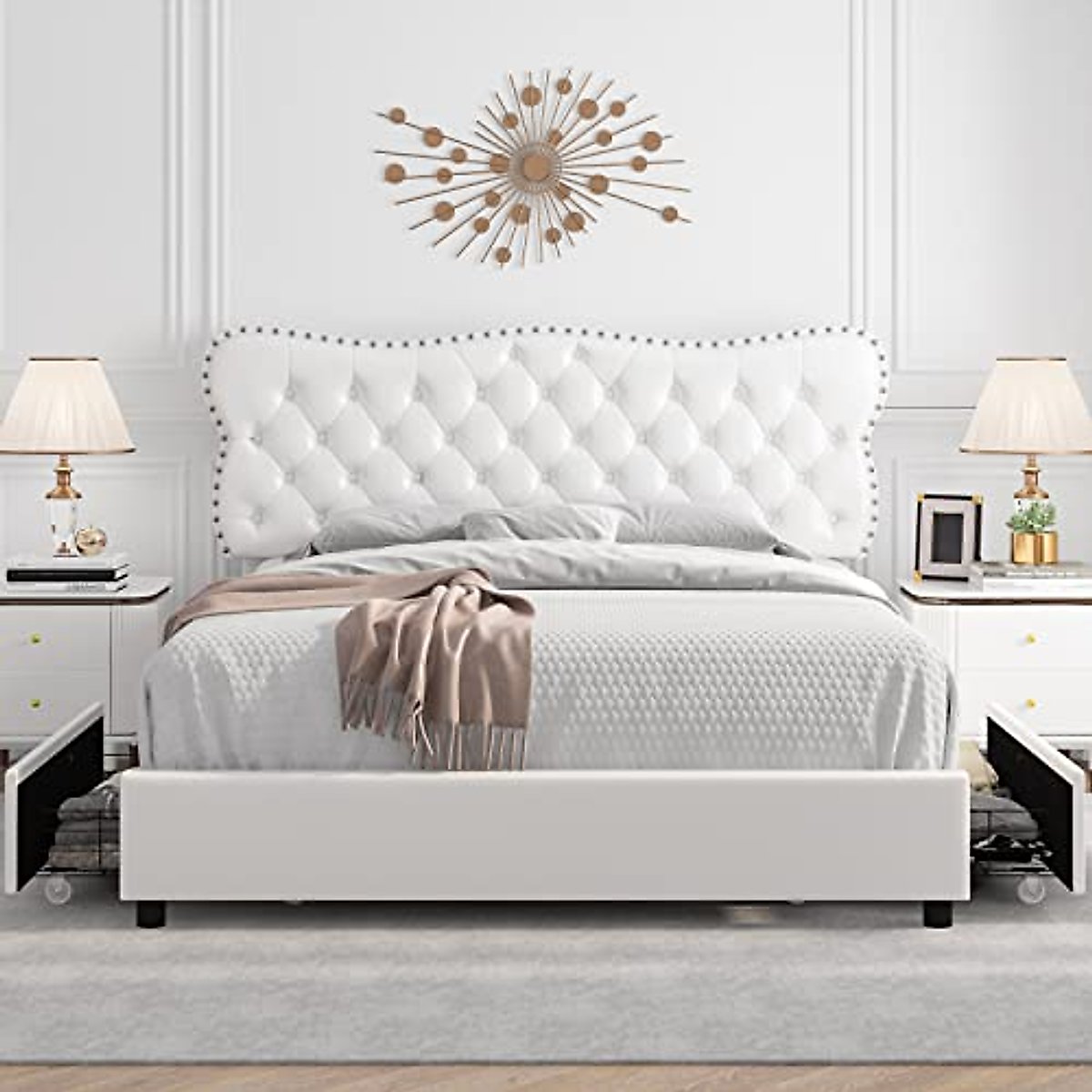 HOSTACK Full Bed Frame with 4 Storage Drawers, Upholstered Platform Bed Frame with Button Tufted Headboard, Heavy Duty Mattress Foundation with Wooden Slats, No Box Spring Needed (White, Full)