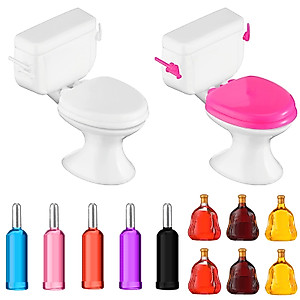 Toilet Cake Topper 2 Pieces and Mini Wine Bottles Cake Cupcake Toppers 11 Pieces, Cake Accessories Miniature Toilet Toy Dollhouse Decorations for Pretend Play Birthday Party Favors