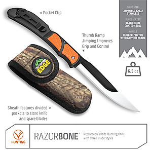 OUTDOOR EDGE RazorBone Replaceable Blade Folding Hunting Knife with Clip & Sheath. 3 Butcher Knife Blade Styles - Boning, Gutting, & Skinning Knives. Blaze Orange, Camo Sheath, 6 Blades & Blade Box