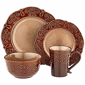 Elama Round Decorated Stoneware Scallop Embossed Dinnerware Dish Set, 16 Piece, Salia