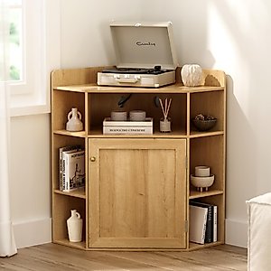 EYYTHUNG Corner Storage Cabinet with USB Ports and Outlets, Cube Toy Storage Shelf Organizer with Door, Wooden Display Cubby Bookshelf Rack for Bedroom, Living Room, Natural Oak