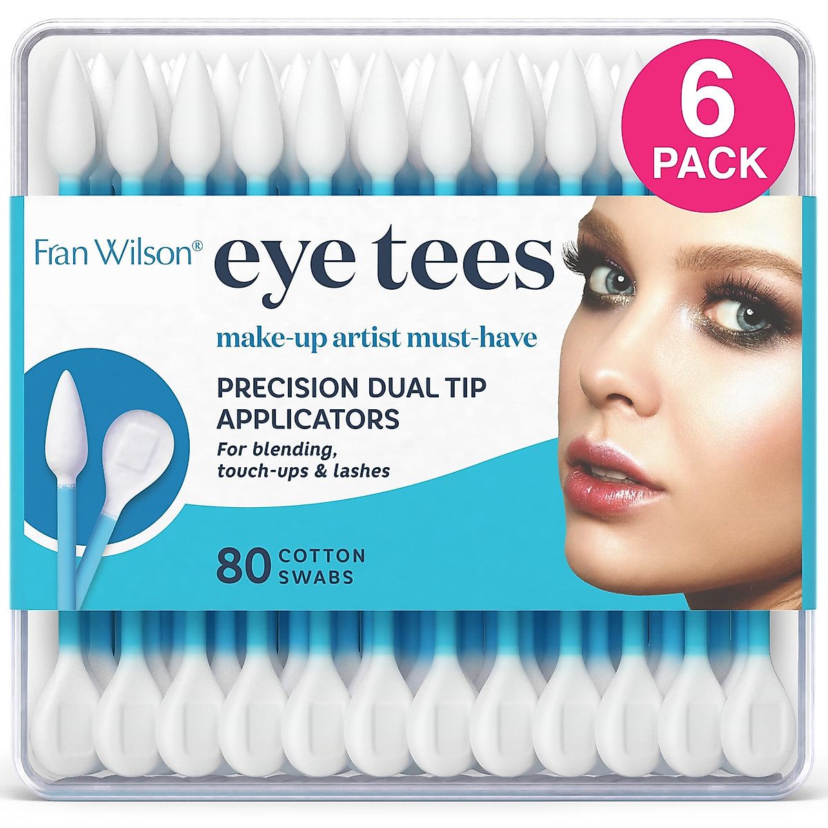Fran Wilson EYE TEES COTTON TIPS 80 Count (6 PACK) - Precision Makeup Applicator, Double-sided Swabs with Pointed and Rounded Ends for Perfect Blending, Effective Cleaning and Precise Touch-ups