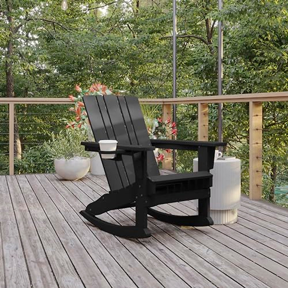 Flash Furniture Halifax Adirondack Rocking Chair with Cup Holder, Weather Resistant Poly Resin Adirondack Rocking Chair, Black