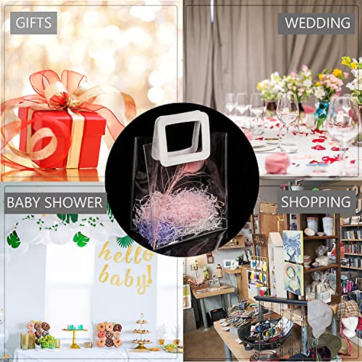 Fnuiddt 6 Pack Clear PVC Gift Bag with Handle, Transparent Plastic Gift Bag, Heavy Duty Reusable Gift Wrap Tote Bags Shopping Bags for Bridal Party Baby Shower Wedding Favor (7.08" x 4" x 7.87")