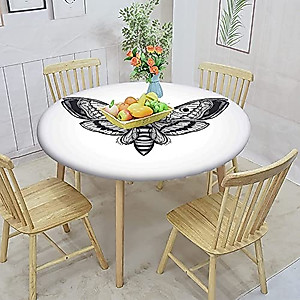 Skull Round Fitted Tablecloth with Elastic Edge,Dead Moth Kull Face Print Polyester Table Cloth, XLarge, Fit Round Tables up 59"-63" Diameter, for Christmas Thanksgiving Wedding Party Dining Banquet