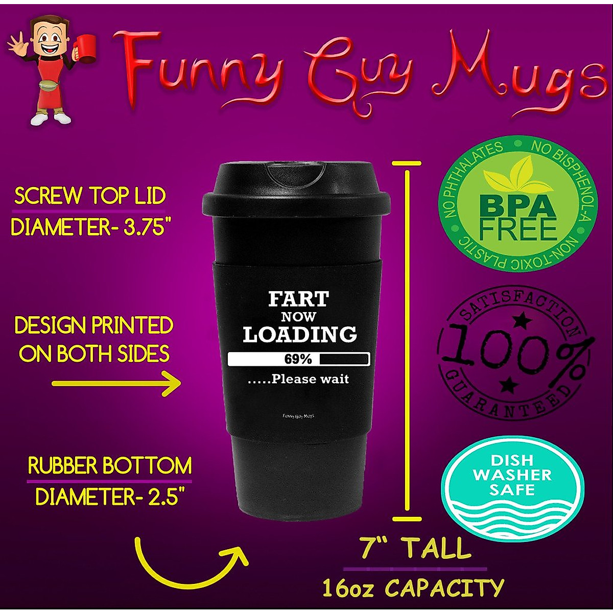 Funny Guy Mugs Fart Now Loading Please Wait Travel Tumbler With Removable Insulated Silicone Sleeve, Black, 16-Ounce
