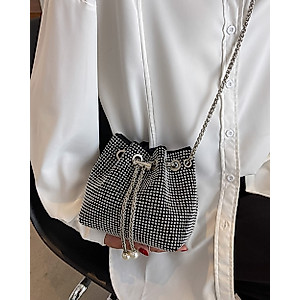 Hyuyikuwol Women Rhinestones Crystal Clutch Drawstring Bucket Bag Mini Evening Bags Crossbody Purses Pearl Party Prom Wedding, Silver