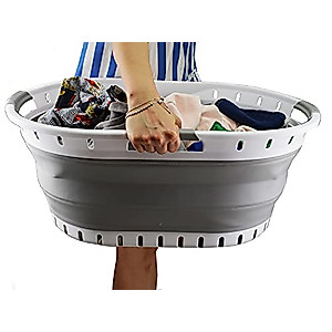 SAMMART 44L Collapsible Plastic Laundry Basket - Foldable Pop Up Storage Container/Organizer - Space Saving Hamper/Basket (1, White/Grey)