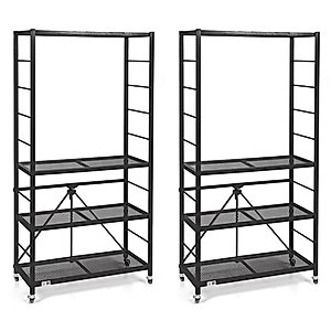 Origami R2 Series Folding Heavy Duty Steel Storage Rack Adjustable Shelving Portable Home Organization Unit with Wheels, Set of 2, Black
